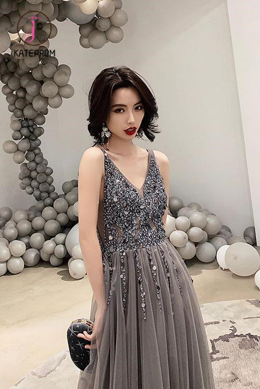 Kateprom Dark Gray V Neck Sparkly Beading Prom Dress with Sequins, Lon ...