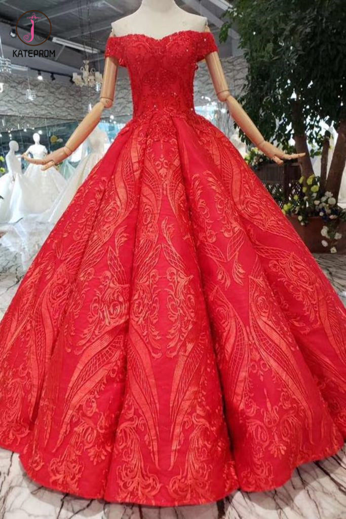 Red Off the Shoulder Puffy Prom Dress, Princess Dress with Lace Appliq ...